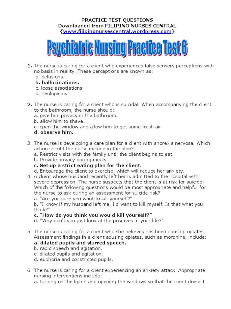 Psychiatric Nursing Practice Test 6 | PDF | Alcoholism | Major ...