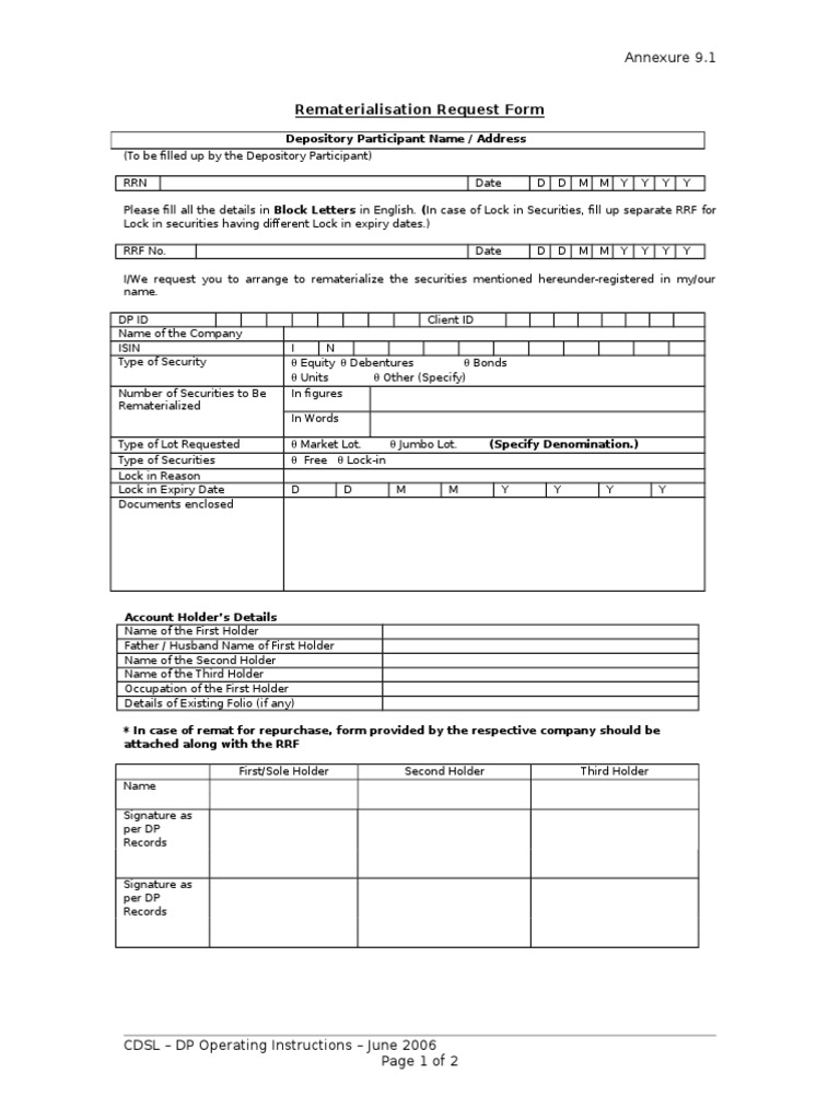 Annexure 9.1 Rematerialisation Request Form | PDF