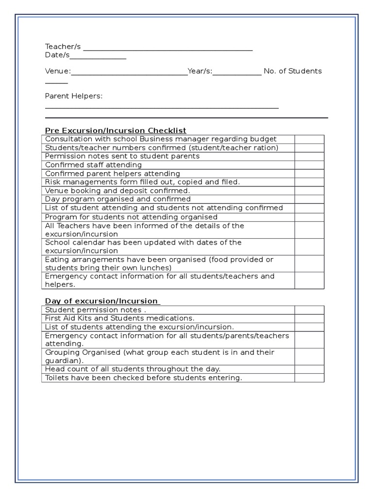 Excursion:Incursion Checklist | PDF