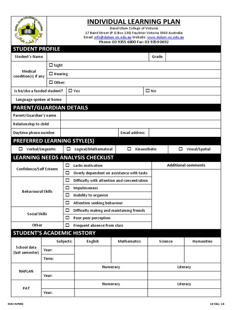 Individual Learning Plan: Student Profile | PDF