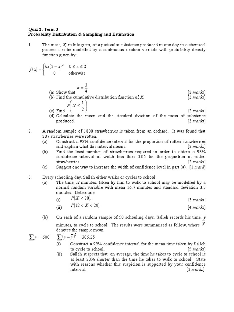 Quiz 2 Probability Distributions Sampling Estimation | PDF | Confidence Interval | Standard ...
