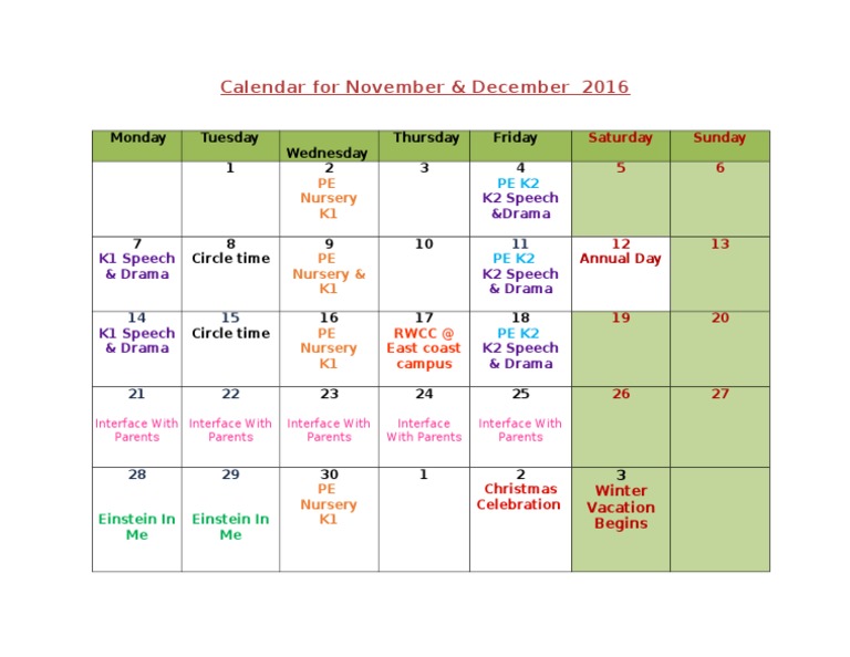 Kindergarten Calendar November December 2016 - 9660 | PDF