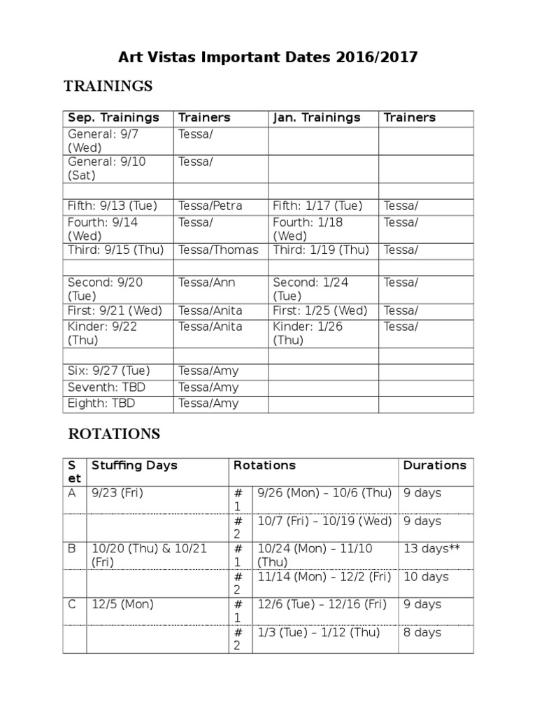 Art Vistas 2016/2017 Key Dates | PDF