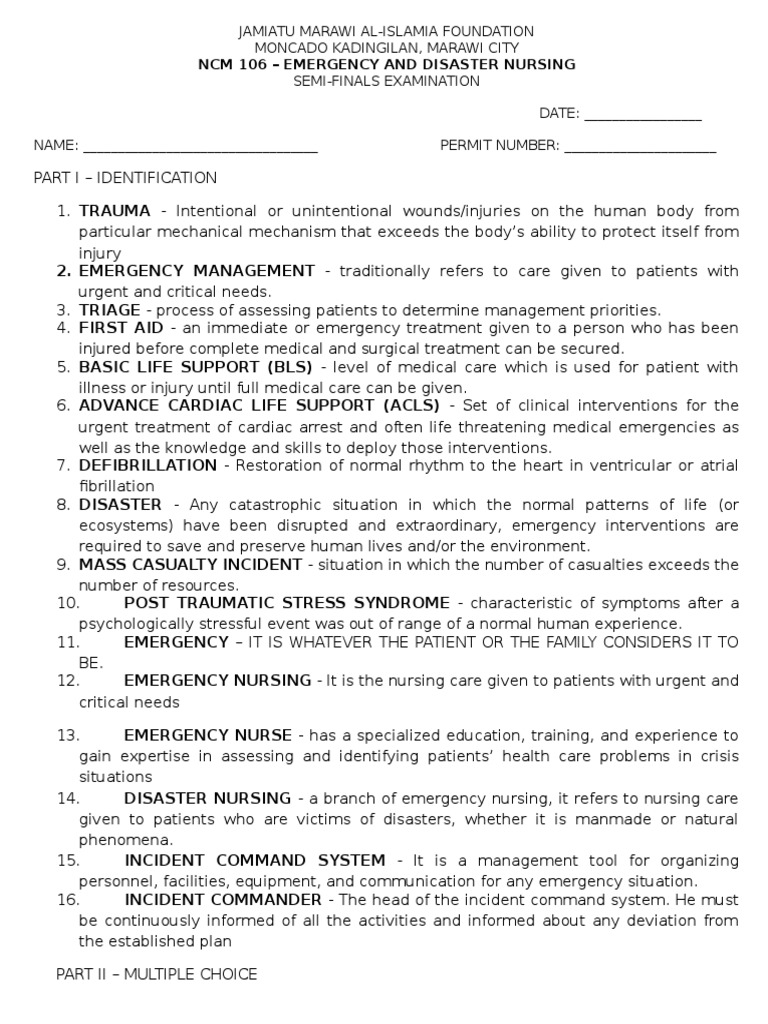 NCM 106 Semi-Finals Exam Answer Key | PDF | Major Trauma | Emergency
