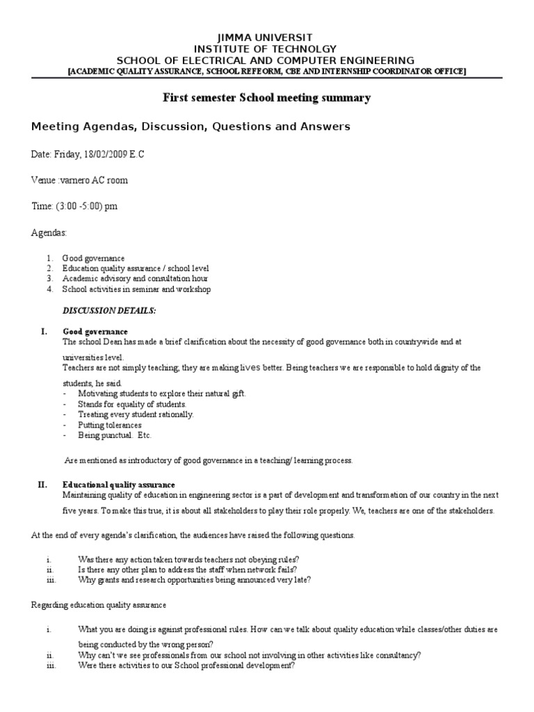 First Semester School Meeting Summary: Meeting Agendas, Discussion ...