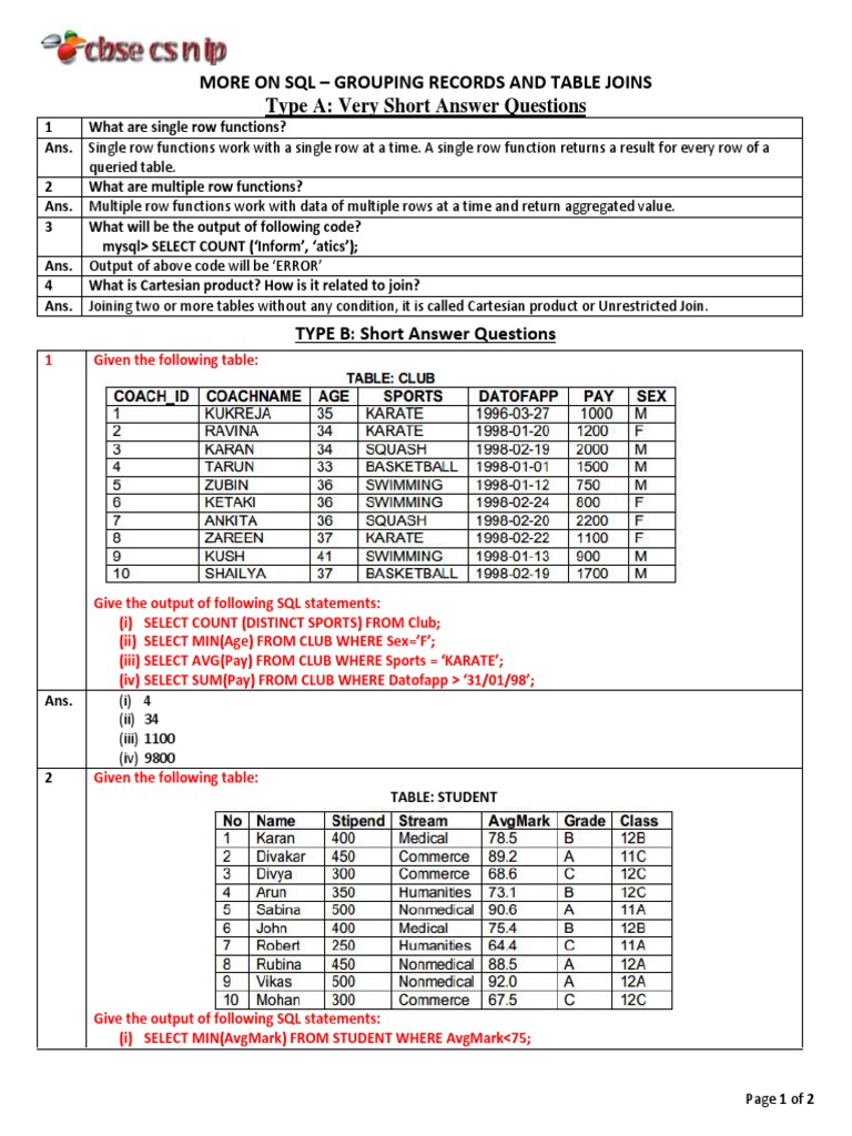 Cbse Ip More On SQL Grouping Records and Table Joins | PDF | Teaching ...