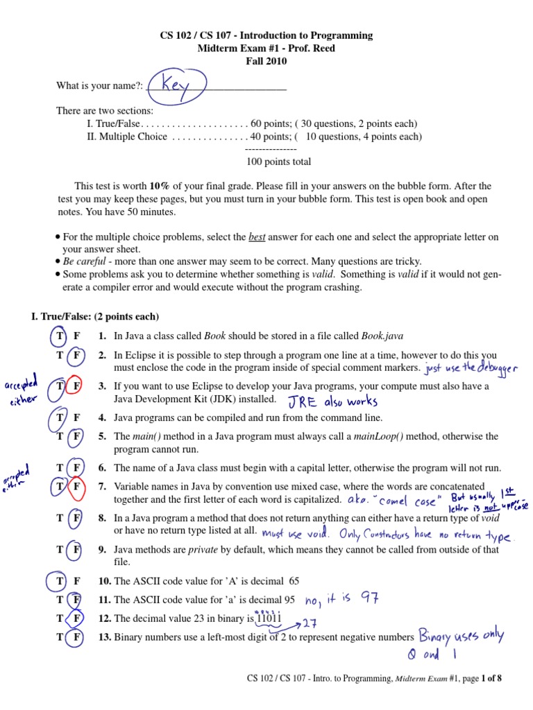CS 102 / CS 107 - Intro. To Programming, Midterm Exam #1, Page 1 of 8 | PDF | Control Flow ...