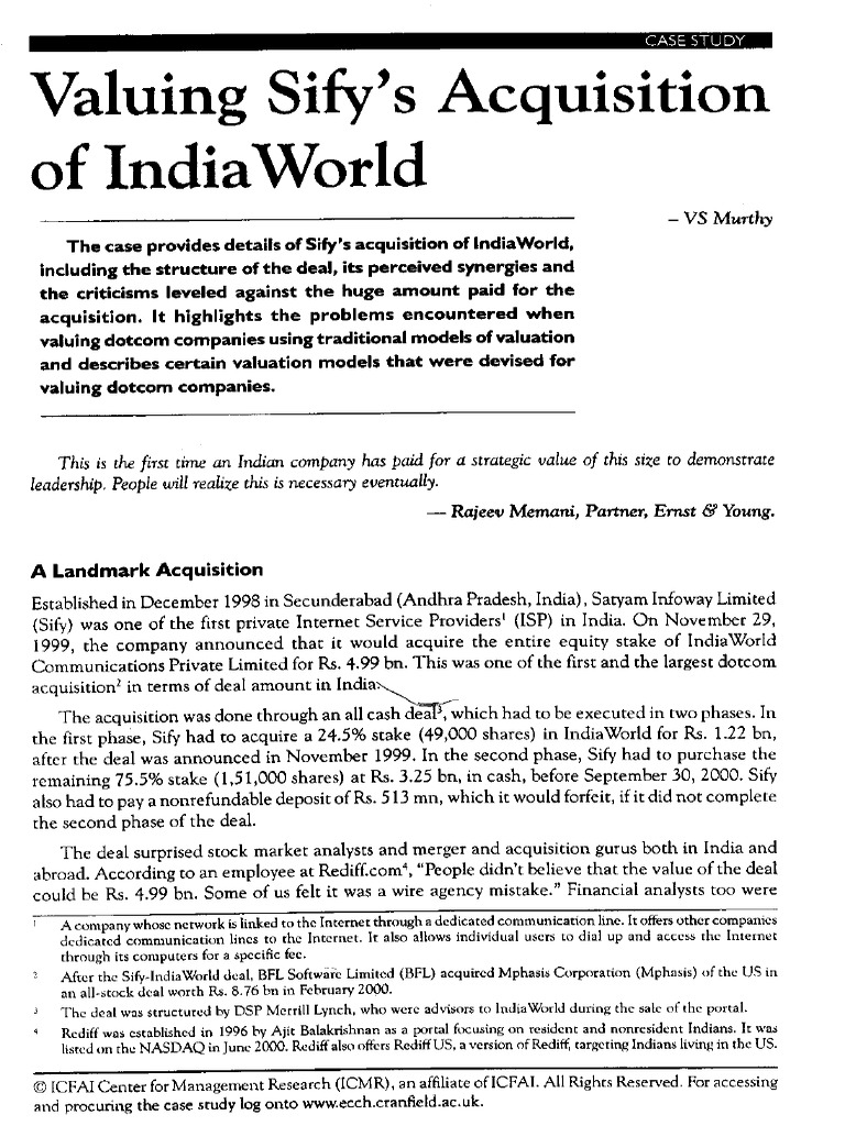 Sify Acquisition | PDF | Valuation (Finance) | Mergers And Acquisitions