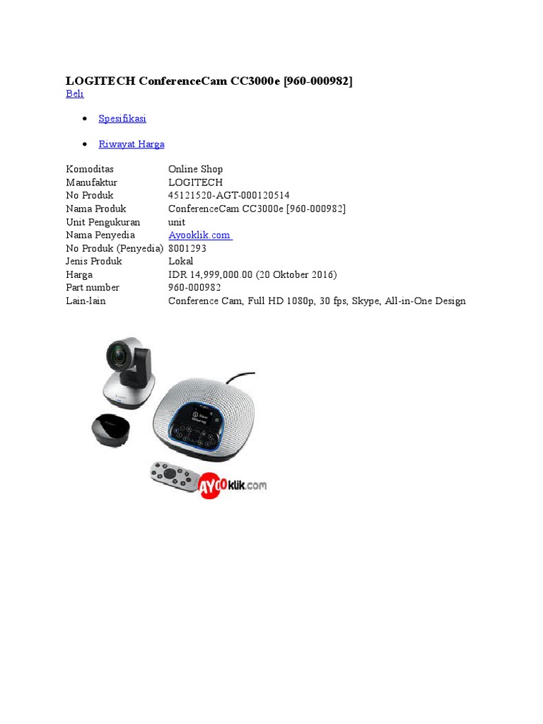 Logitech Conferencecam Cc3000E (960-000982) : Beli Spesifikasi Riwayat ...
