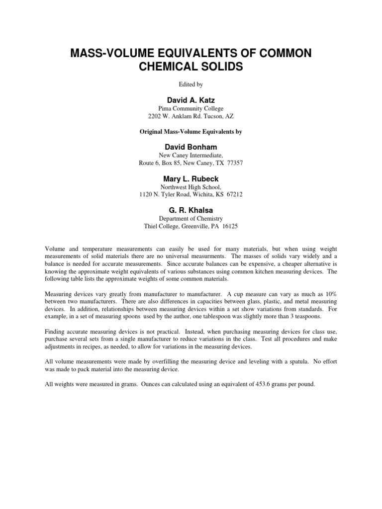 Mass-Volume Equivalents of Chemicals | PDF | Sodium | Calcium