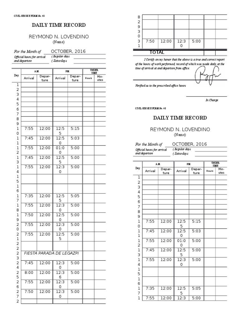 Daily Time Record: Reymond N. Lovendino | PDF