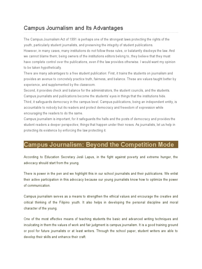 Campus Journalism and Its Advantages | PDF | Journalism | Value (Ethics)