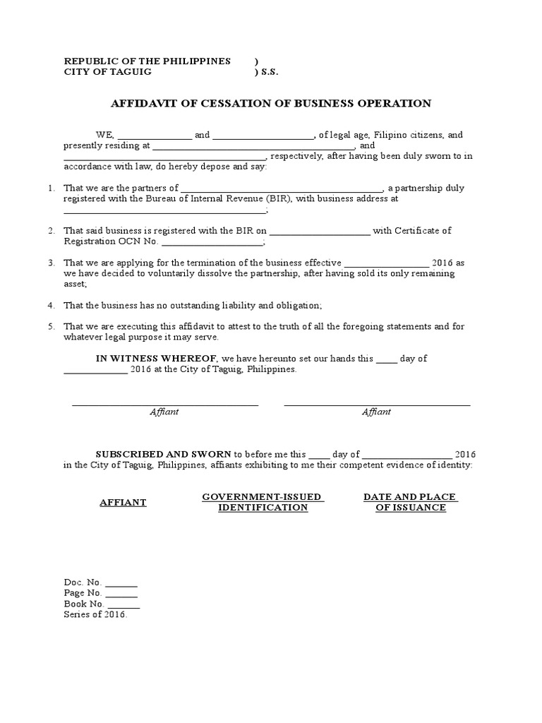BIR - Affidavit of Cessation of Business Operation