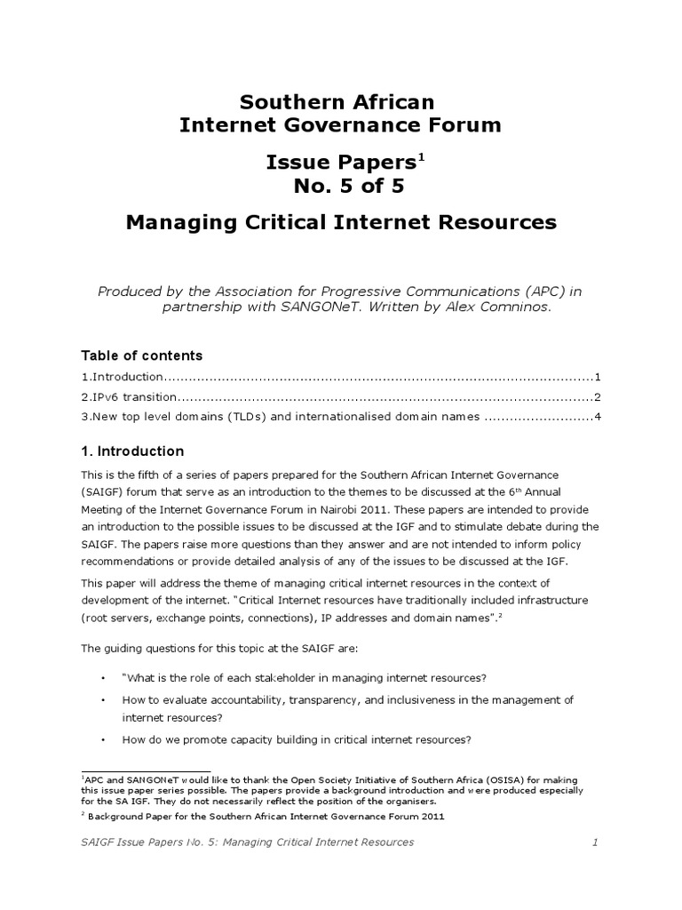 Southern African Internet Governance Forum Issue Papers No. 5 of 5 ...