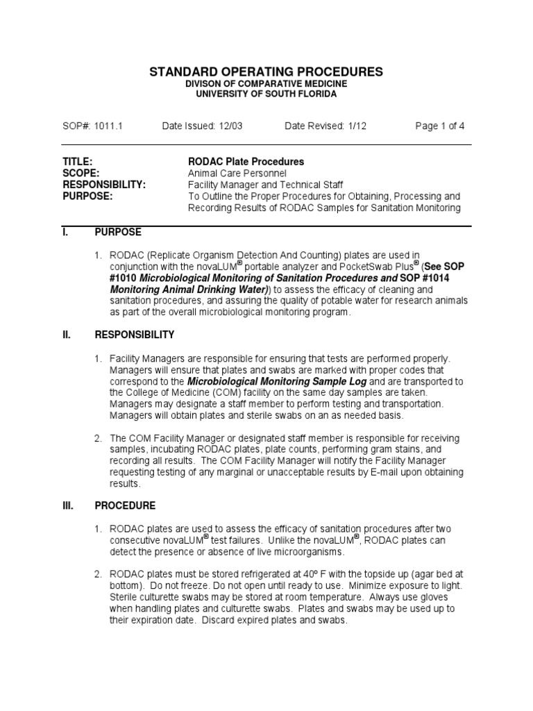 s1011 Rodac Plate Procedures | PDF | Colony Forming Unit | Sanitation