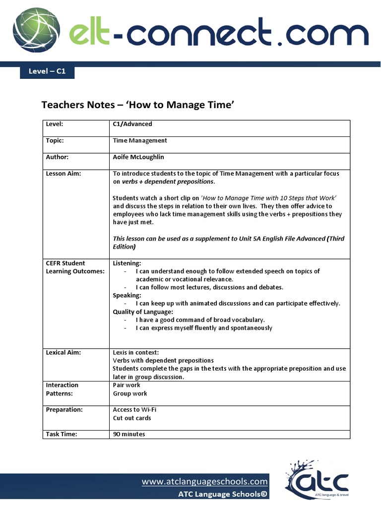 Teachers Notes How To Manage Time | PDF | Preposition And Postposition ...