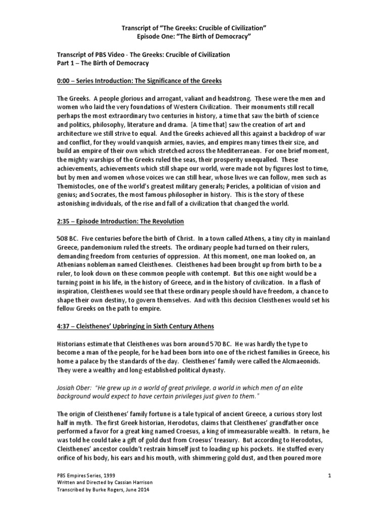 Transcript Pbs The Greeks Part 1 Pdf Tyrant Ancient Greece