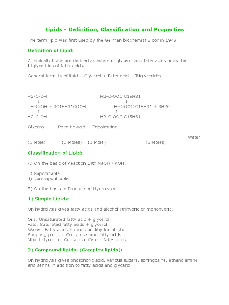 Lipids - Definition, Classification and Properties | PDF