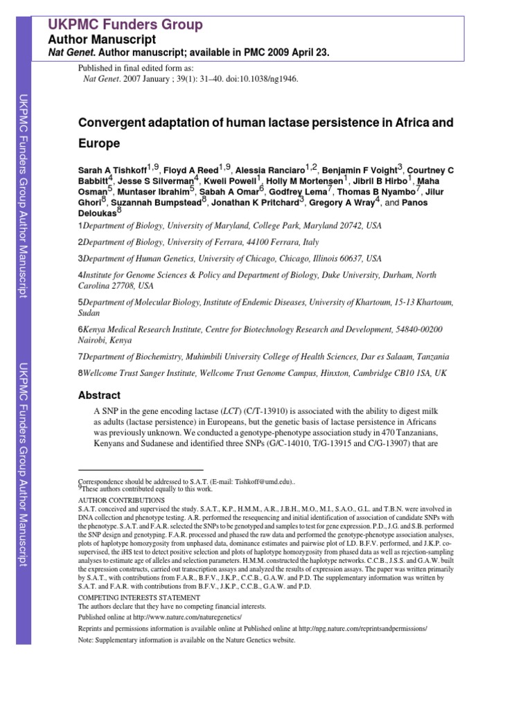 Convergent Evolution of Lactase Persistence in Africa and Europe | PDF ...