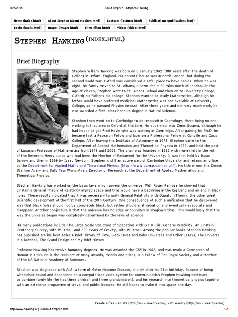 Stephen Hawking: A Brief Biography | PDF | Stephen Hawking | General ...
