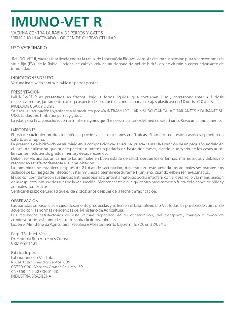 Bula Imunovet R Esp | PDF | Rabia | Vacunas
