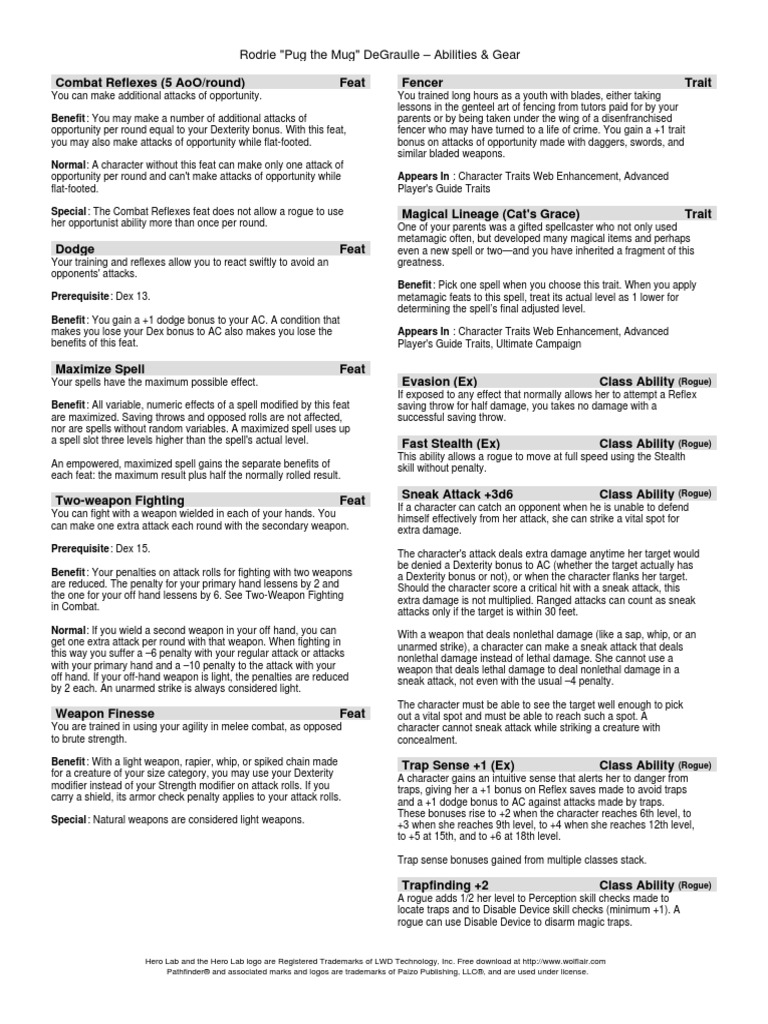 Rodrie "Pug The Mug" Degraulle - Abilities & Gear: (Rogue) | PDF ...