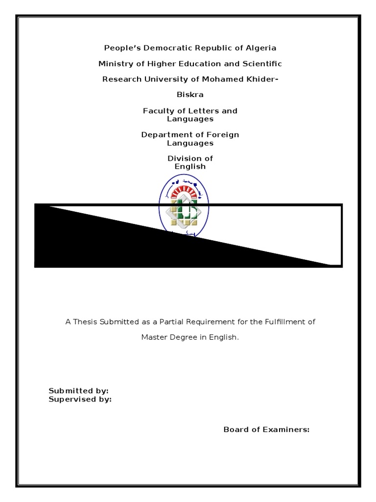 A Thesis Submitted As A Partial Requirement For The Fulfillment of ...