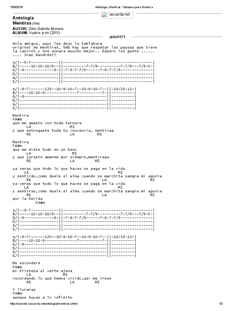 Antologia, Mentiras - Tablatura para Guitarra | PDF