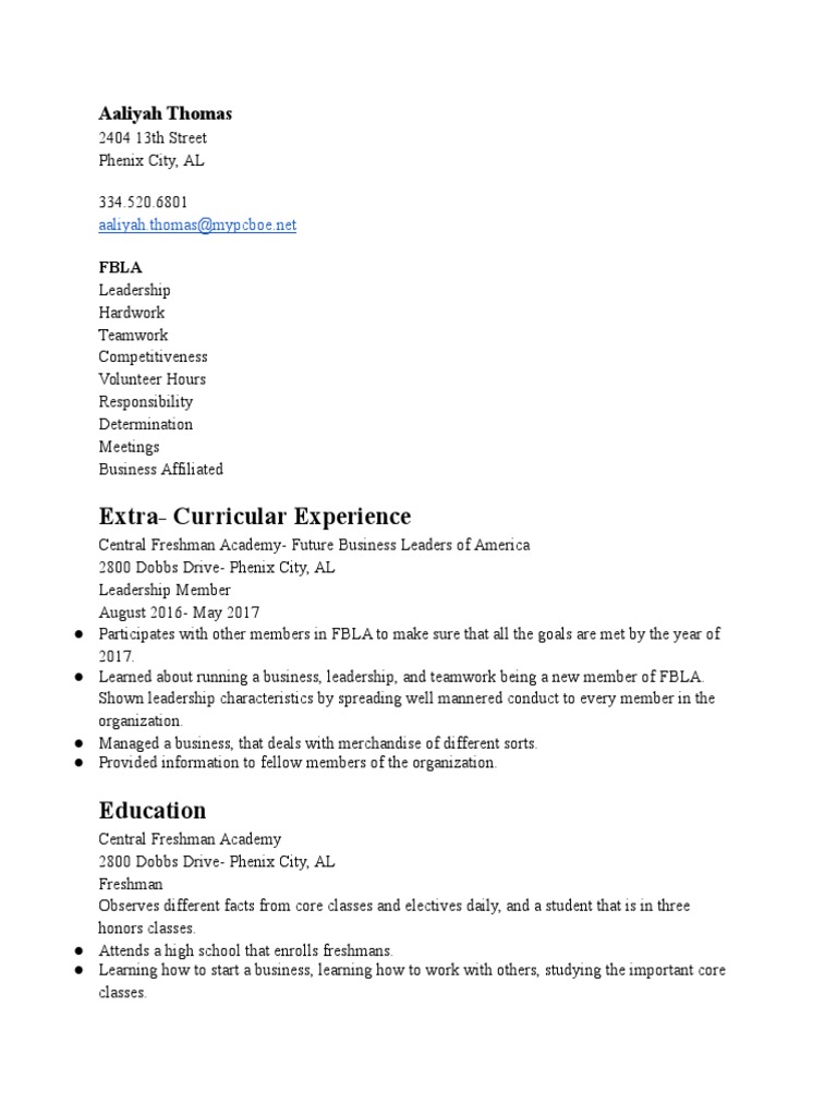 Aaliyah Thomas: FBLA Leadership Profile | PDF | Career & Growth | Wellness