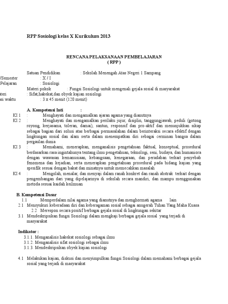 RPP Sosiologi Kelas X Kurikulum 2013 | PDF