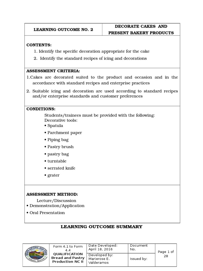 CBLM - (HOW To USE... ) Prepare and Present Gateaux Tortes and Cakes ...