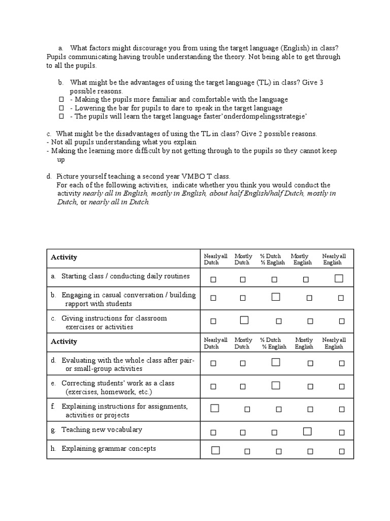 Questionnaire On Target Language Use | PDF | Second Language | Reading ...