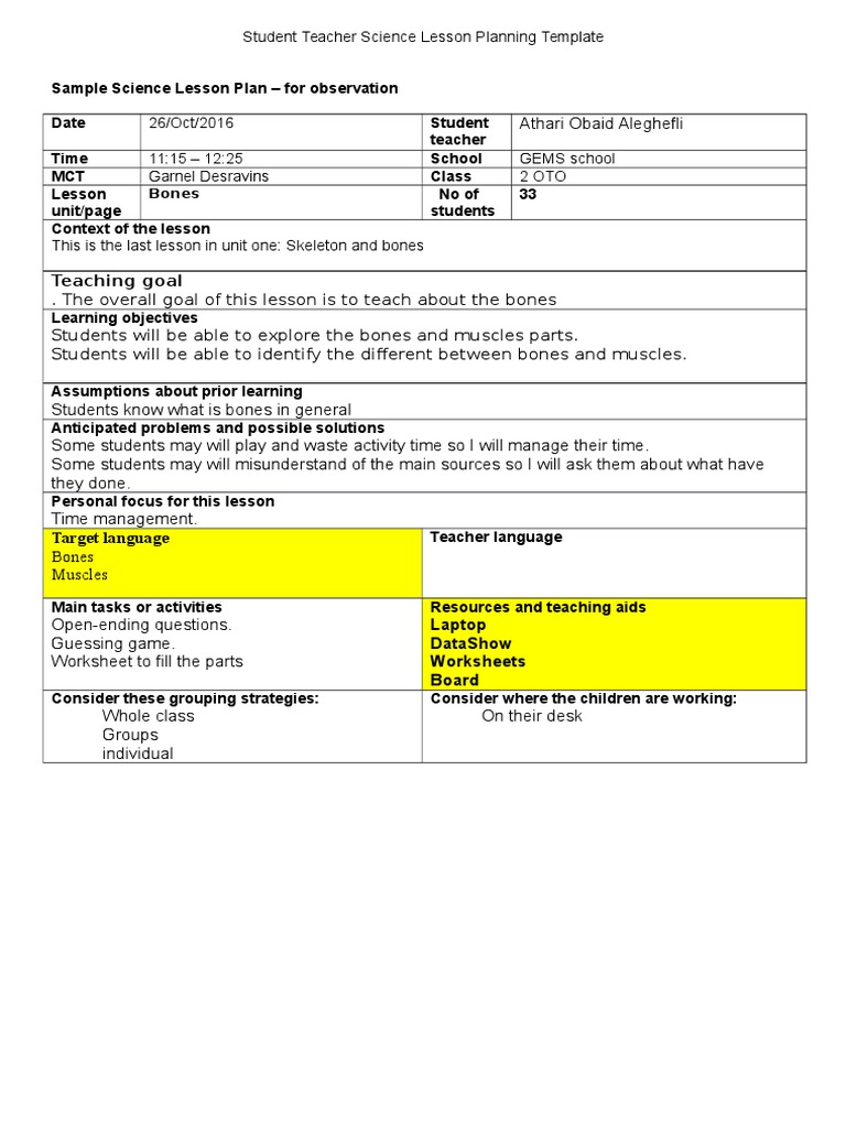 2 Lesson Plan Bones | PDF | Educational Assessment | Skeleton