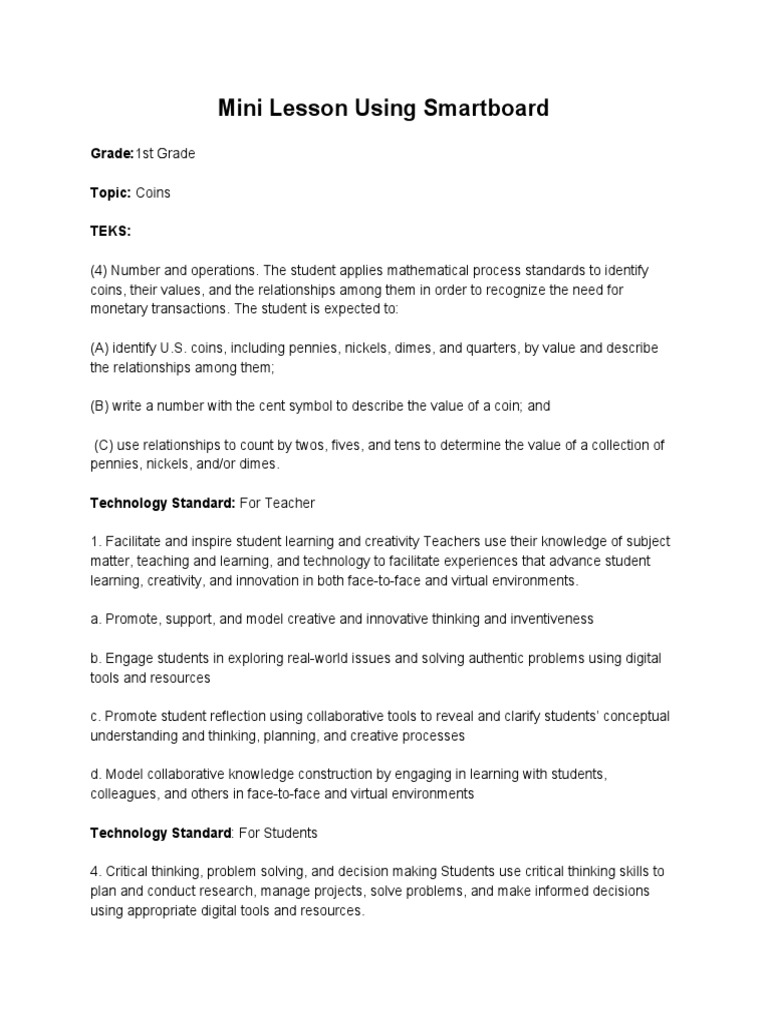 Mini Lesson Using Smartboard: Grade: Topic: Teks | PDF