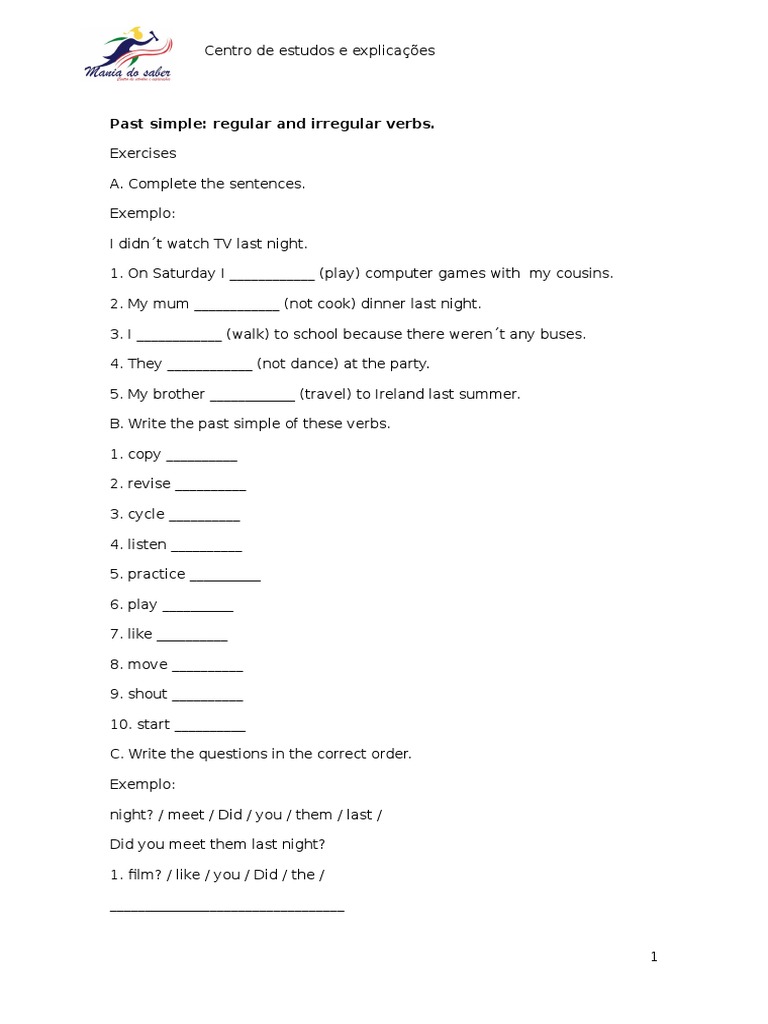 Past Simple Tenses: A Comprehensive Exercise on Regular and Irregular ...