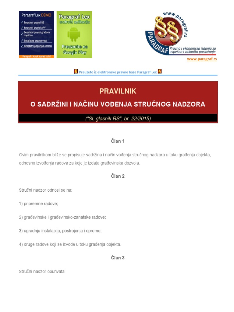 10 Pravilnik o Sadrzini I Nacinu Vodjenja Strucnog Nadzora | PDF