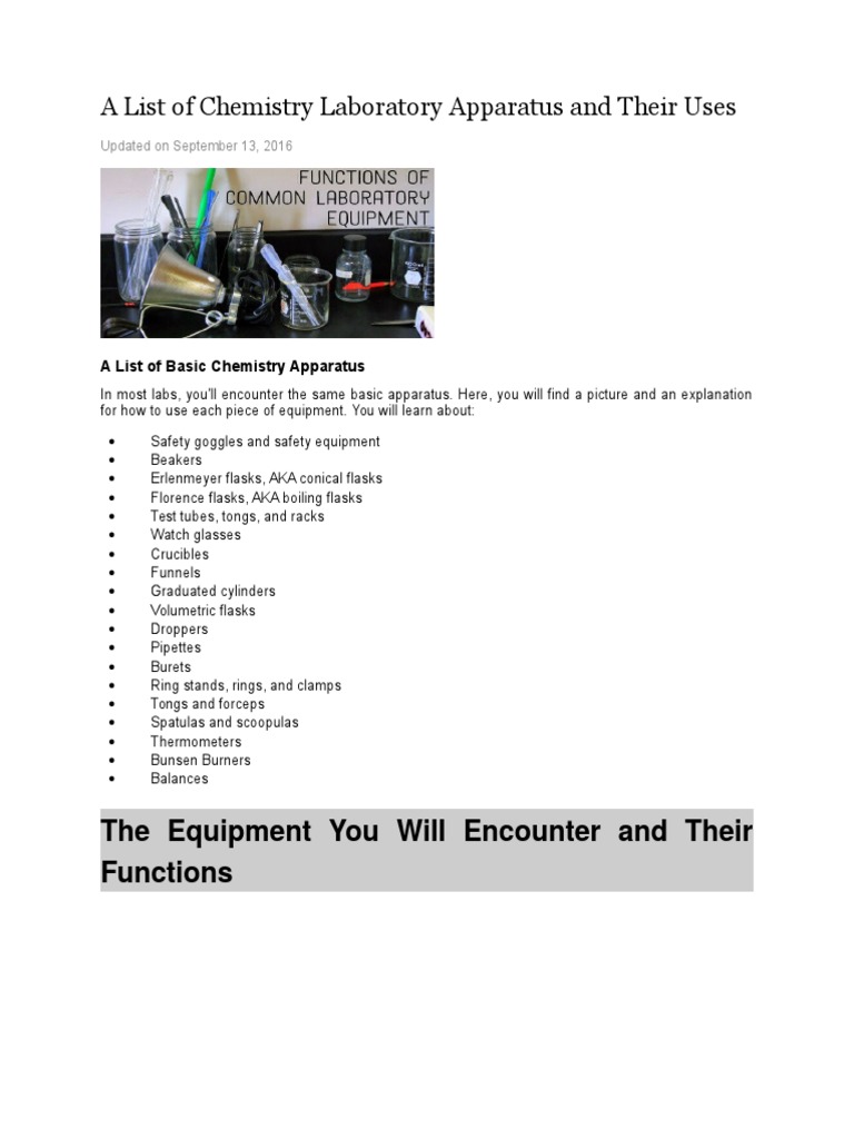 A List of Chemistry Laboratory Apparatus and Their Uses | PDF ...