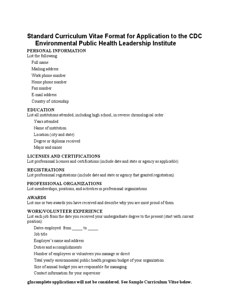 Standard Curriculum Vitae Format For Application To The CDC ...