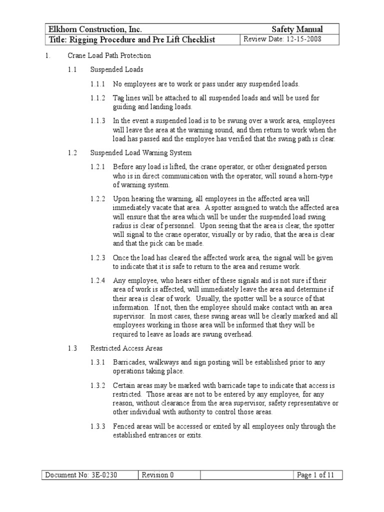 Rigging and Pre Lift Checklist | PDF | Crane (Machine) | Elevator
