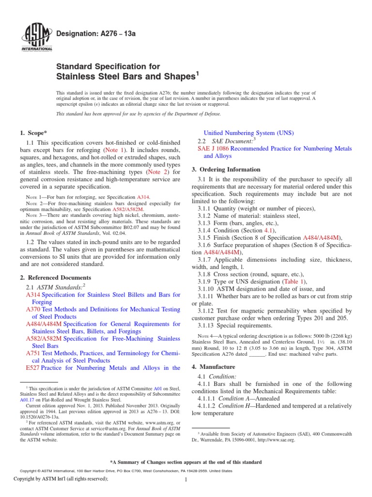 Astm A276 13a | PDF | Stainless Steel | Steel