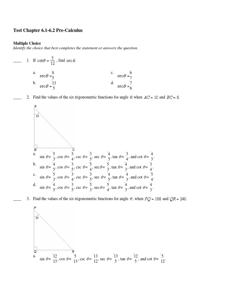 Pre-Calculus Test 6 1-6 2 | PDF | Trigonometry | Trigonometric Functions