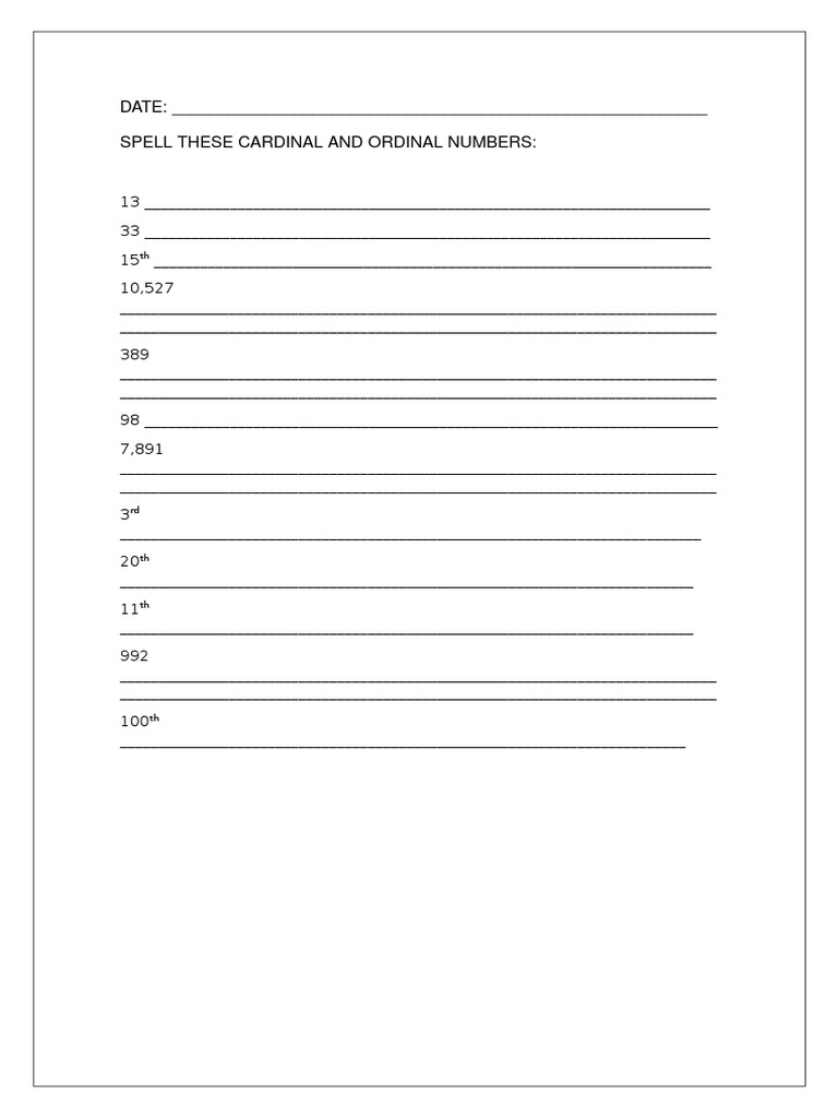 Cardinal and Ordinal Number Spelling Practice: Worksheet with 13 ...