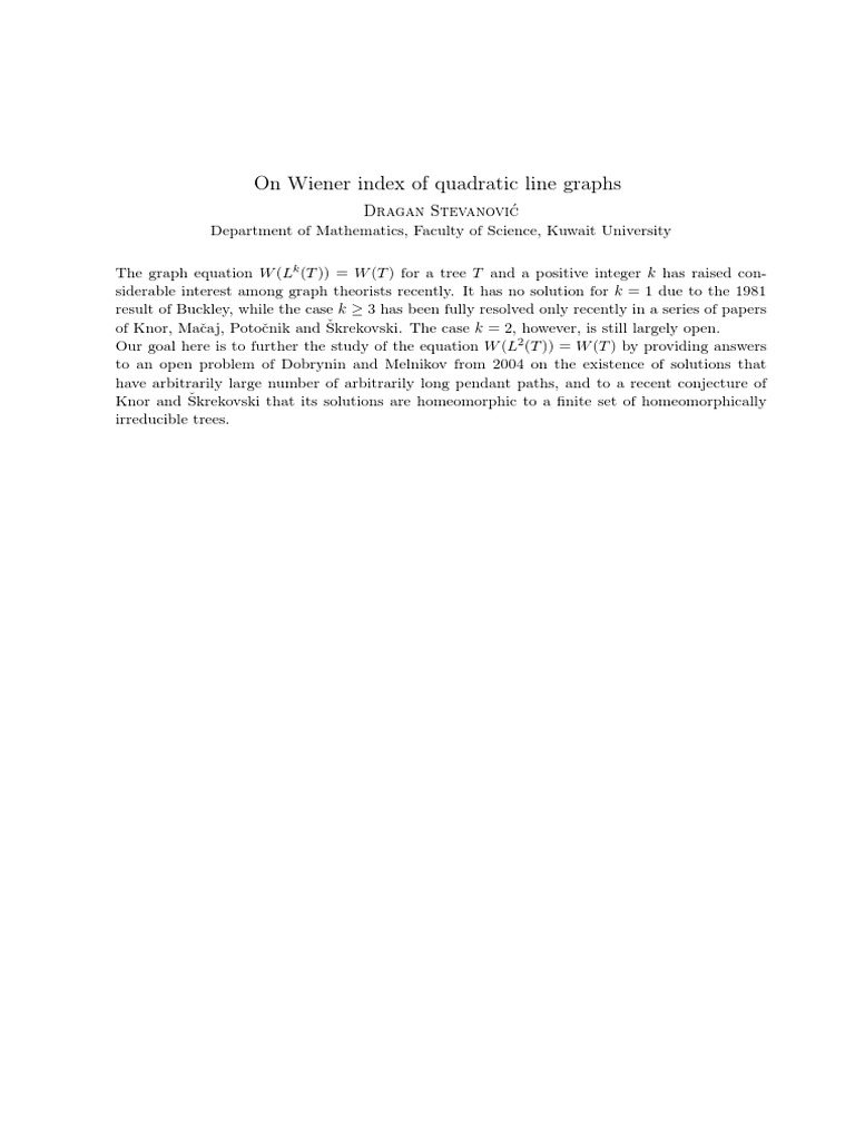 On Wiener Index of Quadratic Line Graphs | PDF