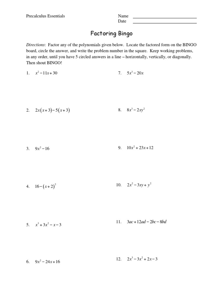 Factoring Bingo | PDF