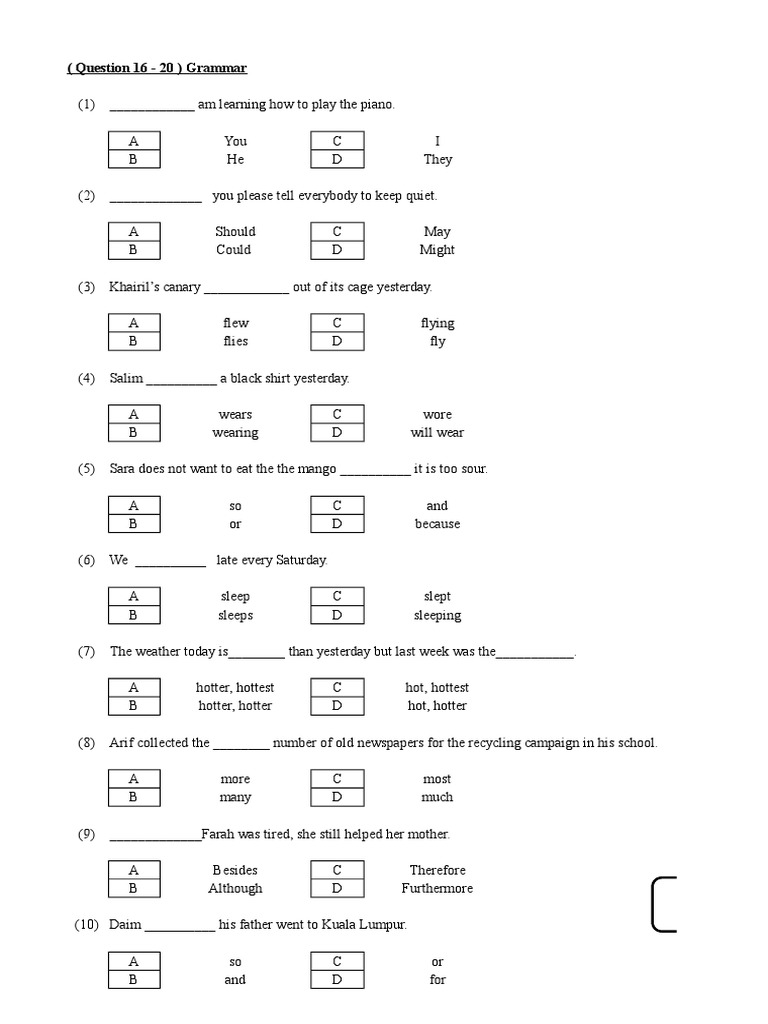SAL English UPSR Grammar Q16 20 | PDF | Foods