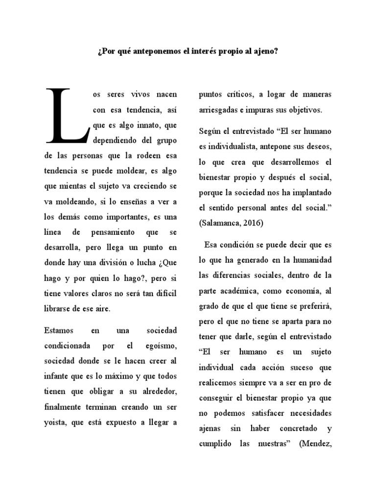 ¿Por Qué Anteponemos El Interés Propio Al Ajeno? | PDF