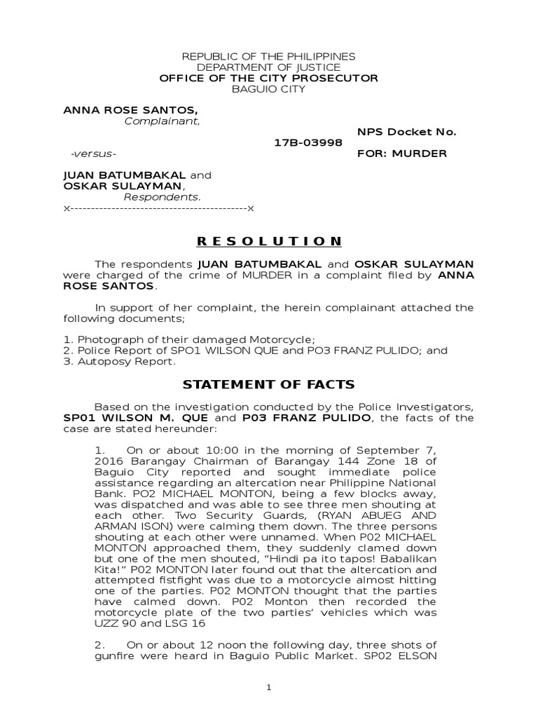 Resolution Dismissing the Complaint Sample | Murder | Crimes