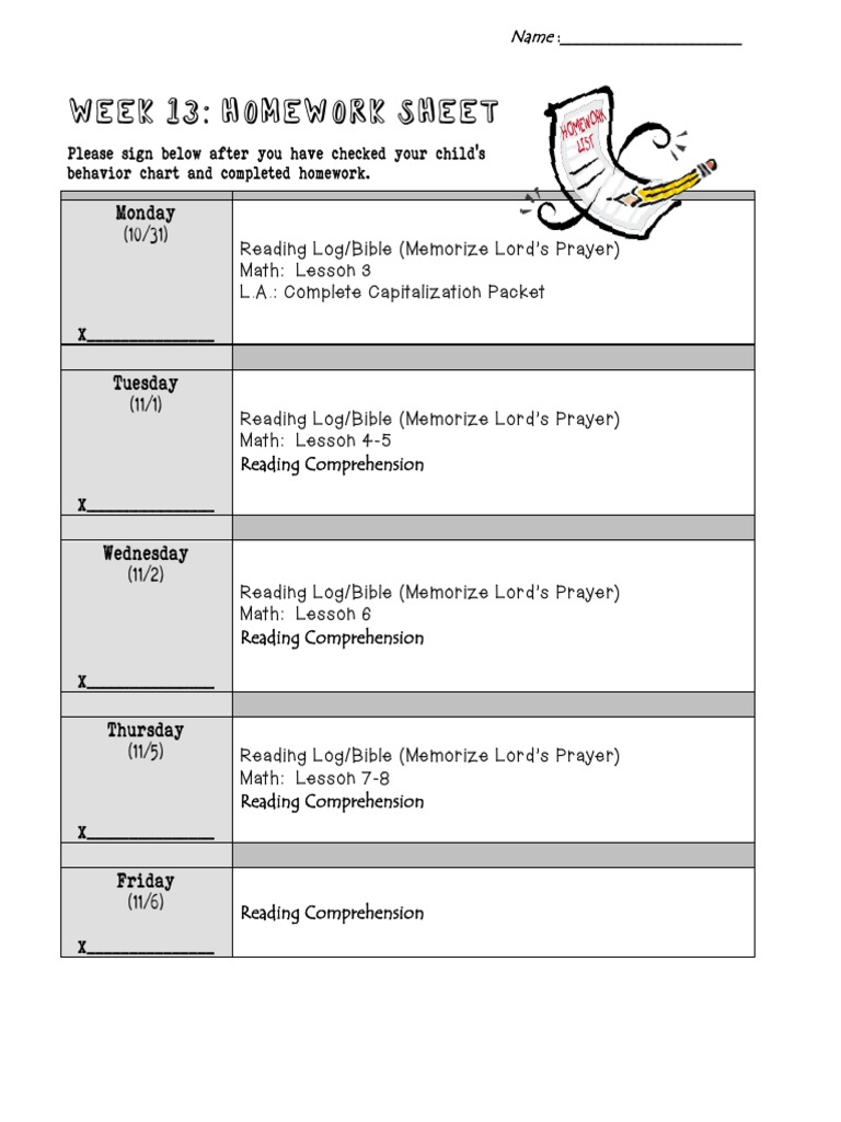 Weekly Homework and Behavior Log | PDF | Language Arts & Discipline