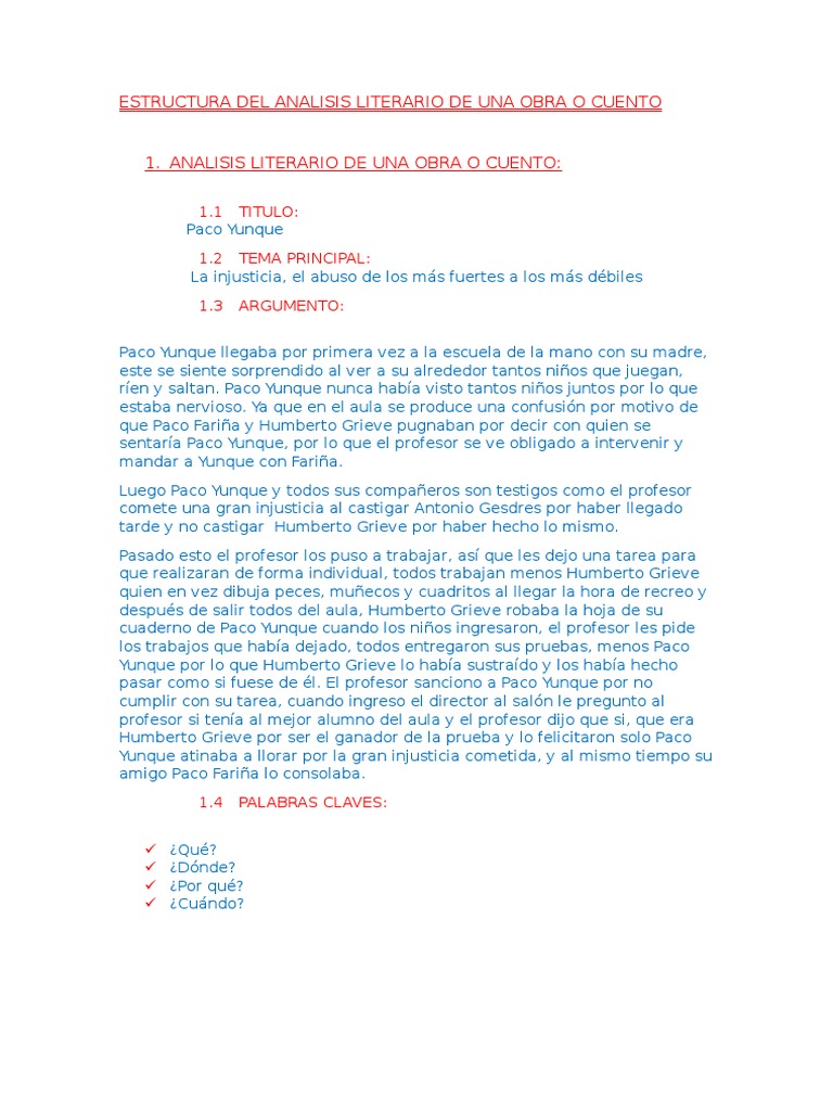 Estructura Del Analisis Literario de Una Obra o Cuento | Ficción y ...