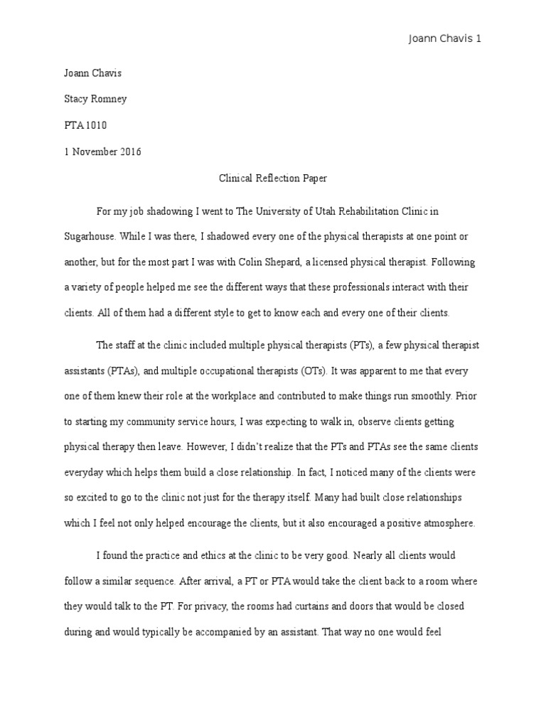 clinical reflection paper | Physical Therapy | Psychotherapy